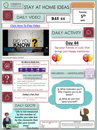 Covid-19 Wellbeing Challenge Day 44 - #Coronavirus | Teaching Resources
