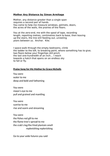 Mother any Distance and Praise Song for my Mother - Poetry comparison ...