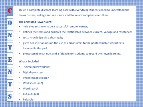 Current, Voltage and Resistance Explained Distance or Homeschool for ...