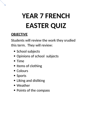 YEAR 7 FRENCH EASTER QUIZ | Teaching Resources