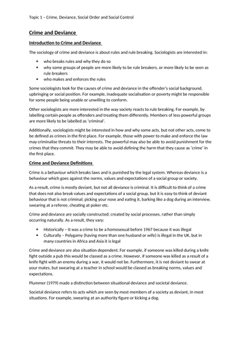 AQA A-Level Sociology Crime and Deviance Notes | Teaching Resources