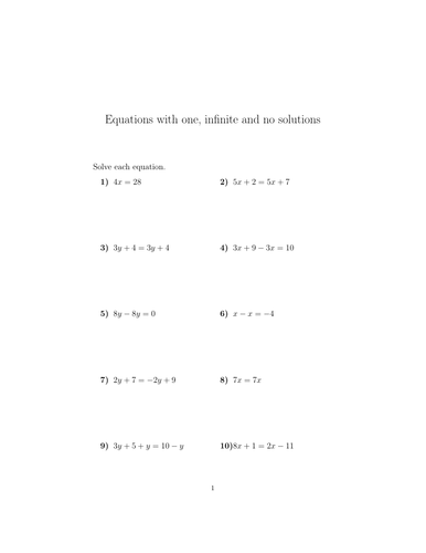 Equations with one, infinite and no solutions worksheet (with solutions ...