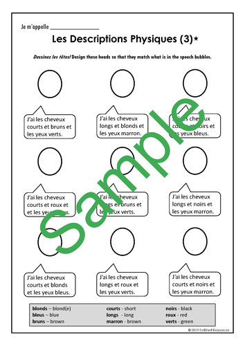 French Physical Descriptions Worksheets | Teaching Resources