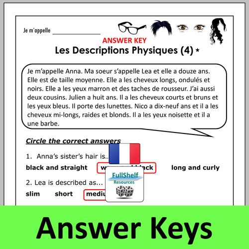 French Physical Descriptions Worksheets | Teaching Resources