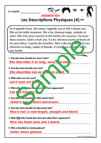 French Physical Descriptions Worksheets | Teaching Resources