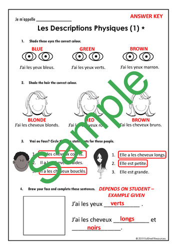 French Physical Descriptions Worksheets | Teaching Resources