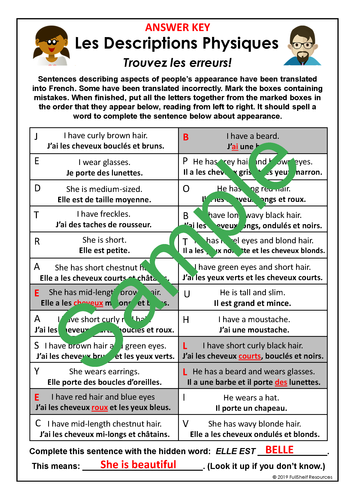 French Physical Descriptions Worksheets | Teaching Resources