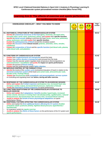 BTEC level 3 Unit 1 Anatomy & Physiology, Learning Aim D cardiovascular system | Teaching Resources