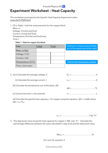Specific Heat Capacity Experiment Worksheet | Teaching Resources