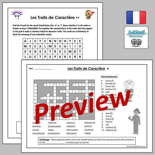 French Describing Character Worksheets | Teaching Resources
