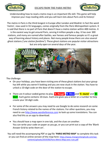 ESCAPE THE PARIS METRO Game | Teaching Resources
