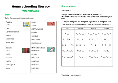 Home learning literacy activities: Vocabulary | Teaching Resources