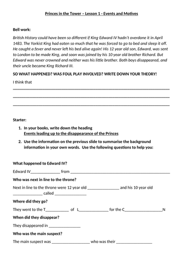 Princes in the Tower Lesson Series - Year 7 | Teaching Resources