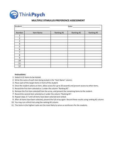 FREE Preference Assessment Data Sheets (ABA and Special Education ...