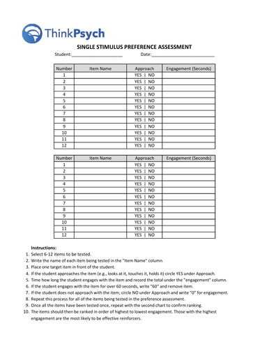 FREE Preference Assessment Data Sheets (ABA and Special Education ...