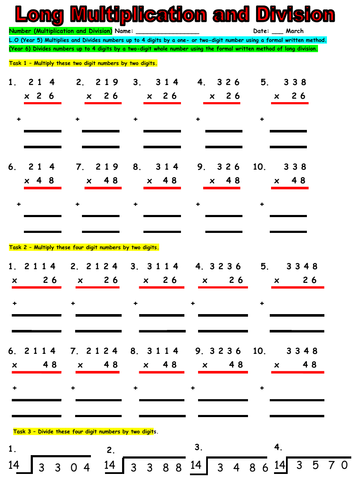 Long Multiplication and Division * 5 Differentiated Sheets + Answers ...