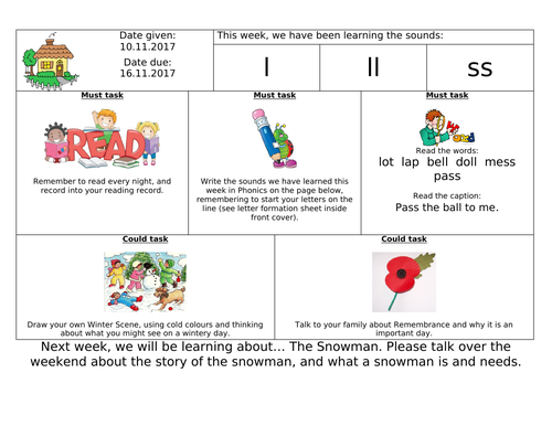 EYFS weekly homework sheets | Teaching Resources