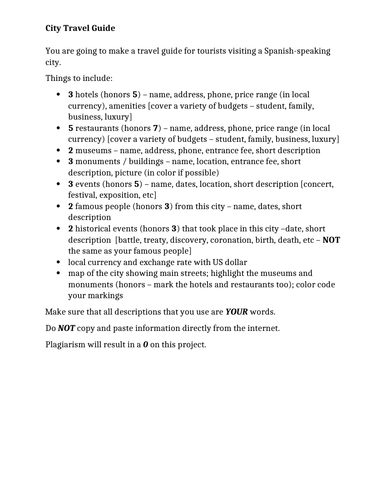 Spanish City Travel Guide Project and Rubric Distance Learning ...
