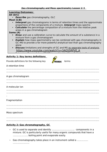 Gas chromatography and GC-MS -A-level Chemistry- 2 lessons-workbook and ...