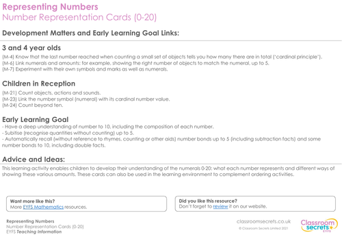 EYFS Number Representation Cards (0-20) Learning Activity | Teaching ...