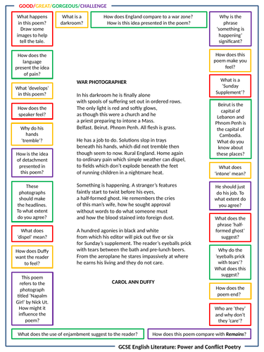 GCSE English Poetry WAR PHOTOGRAPHER worksheet | Teaching Resources