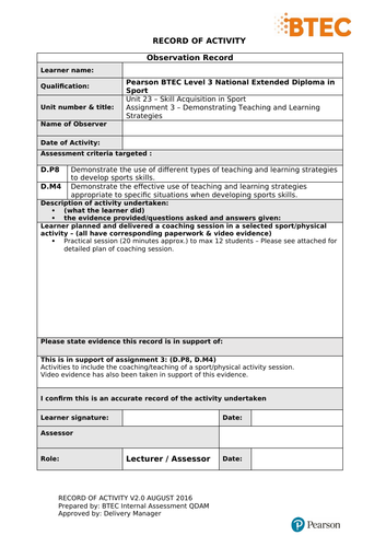 BTEC Level 3 Sport - Unit 23: Skill Acquisition | Teaching Resources