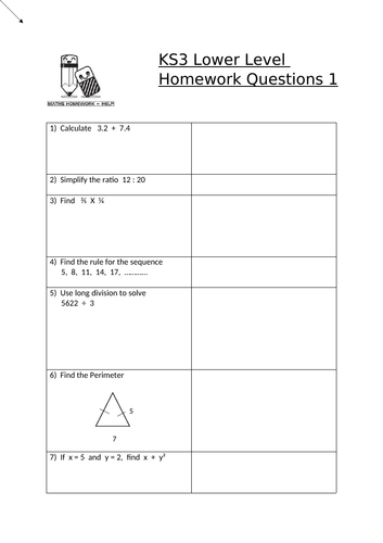 10 KS3 Lower Level Maths Homework Worksheets | Teaching Resources