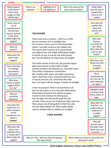 GCSE English Poetry THE EMIGREE worksheet | Teaching Resources