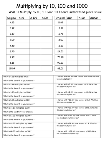 Multiplying by 10, 100 and 1000 (Place Value, 3 differentiated ...