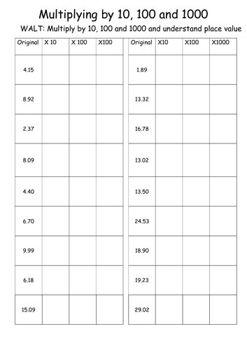 Multiplying by 10, 100 and 1000 (Place Value, 3 differentiated ...