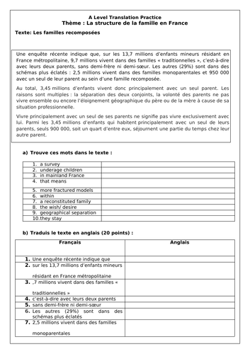French A Level Family: translations on changes in family structure with ...