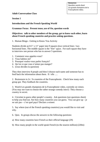 French Adult Conversation Class unit 1 Intermediate | Teaching Resources