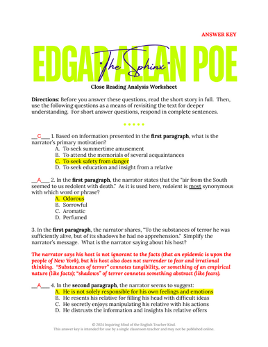 "The Sphinx" by Edgar Allan Poe Close Reading Worksheet | Teaching ...
