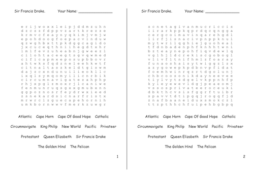 NEW! Francis Drake Wordsearch x 10; Differentiated! | Teaching Resources