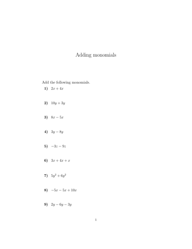 Addition Of Monomials