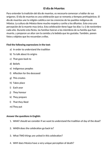 Day of the dead short reading comprehension | Teaching Resources
