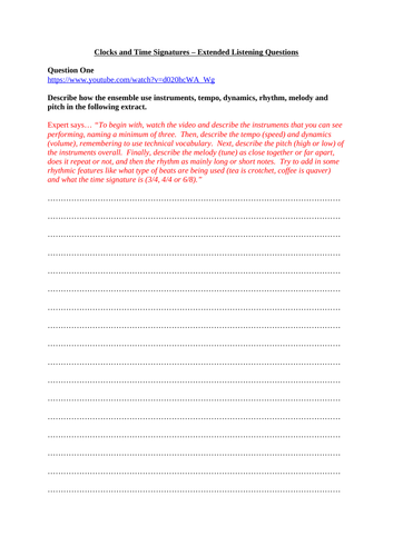 Music Extended Listening Questions - KS3 Cover/Home Learning | Teaching ...