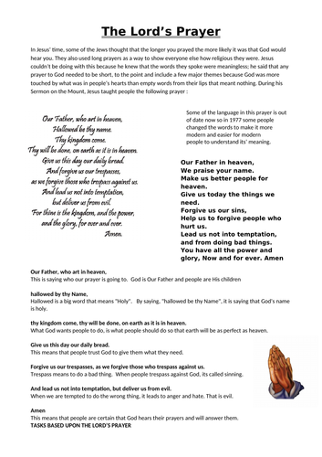 Religious Education- Home Schooling. The Lords Prayer worksheet and ...