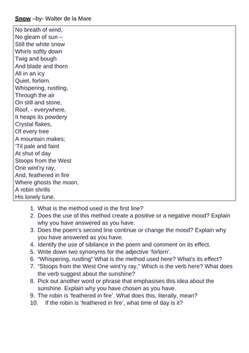 KS3 poetry "Snow" Walter de la Mare CRR Comprehension HW Cover 10 ...