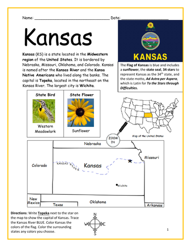 KANSAS - Introductory Geography Worksheet | Teaching Resources