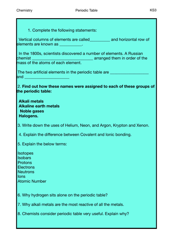 At home revision_Periodic Table_Assessment. | Teaching Resources