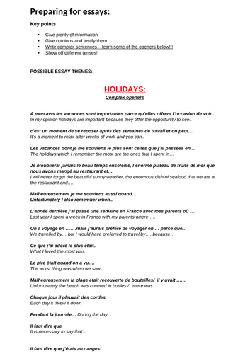 Gcse French Essay Openers | Teaching Resources