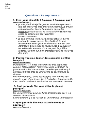 Cinema Questions AQA French A level | Teaching Resources