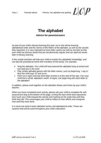 Year 1 Literacy/English Home Learning Pack includes Parental Guidance ...