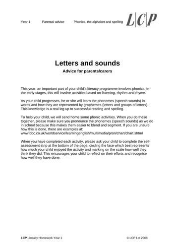 Year 1 Literacy/English Home Learning Pack includes Parental Guidance ...