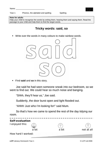 Year 1 Literacy/English Home Learning Pack includes Parental Guidance ...