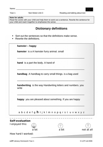 Year 1 Literacy/English Home Learning Pack includes Parental Guidance ...