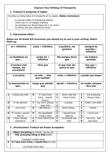 Spanish GCSE Travel & Transport Writing Skills: Structures, Translation ...