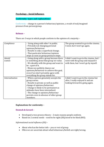 Social Influence Notes (AQA Psychology A-Level) | Teaching Resources