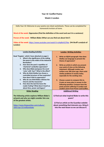 London by William Blake One Page Worksheet | Teaching Resources